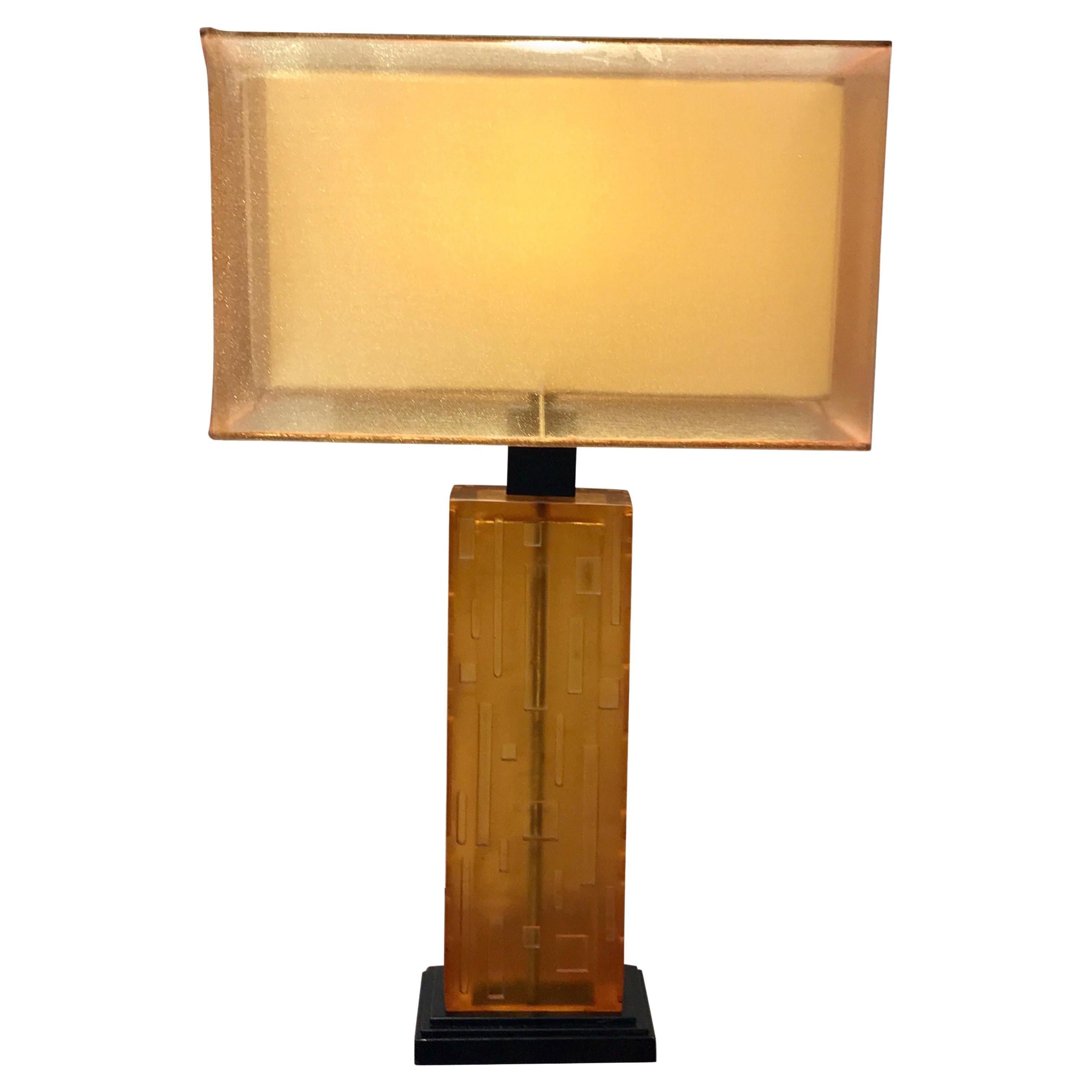 Large Midcentury Stacked Amber Lucite Lamp For Sale at 1stDibs