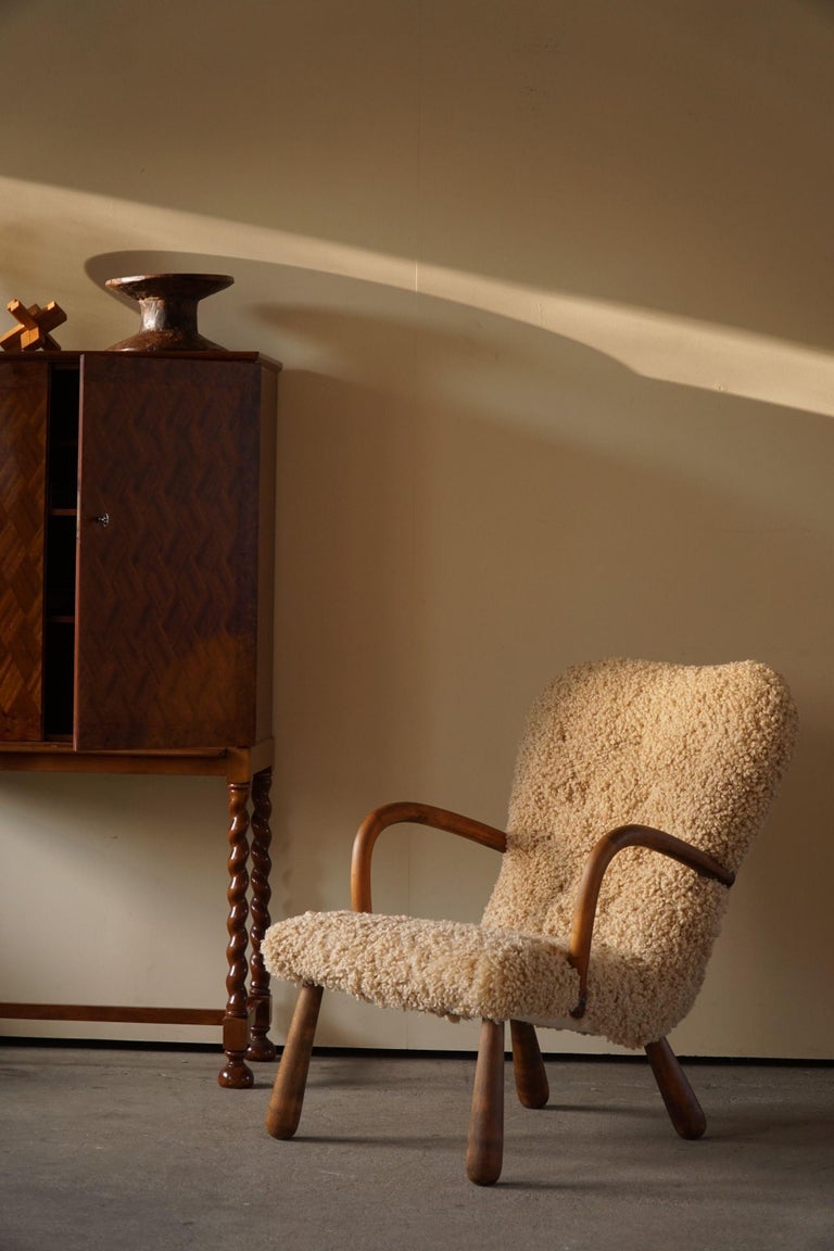Pair of Clam Lounge Chairs in Lambswool, Skive Møbelfabrik, Denmark ...