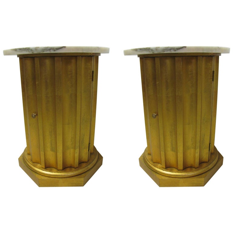 Pair of Classical Gilt Fluted Column Cabinets Tables with Marble Tops ...