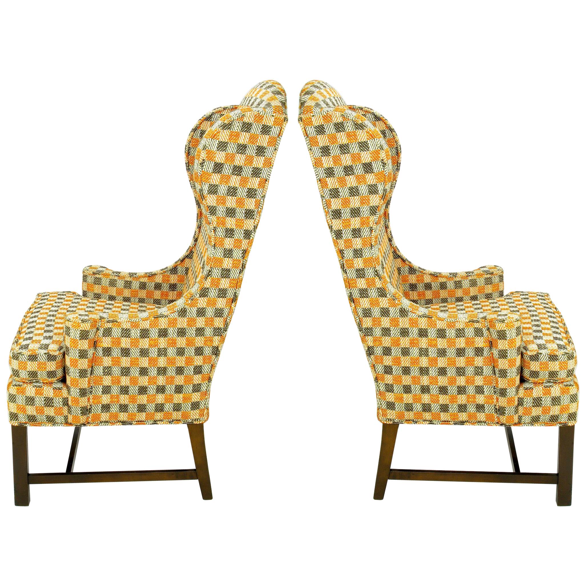 Pair of Clean Lined Autumn Plaid Wool Upholstered Wing Chairs with ...