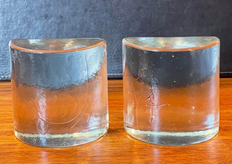 Pair of Clear Glass Half Moon Glass Bookends by Wayne Husted for Blenko ...