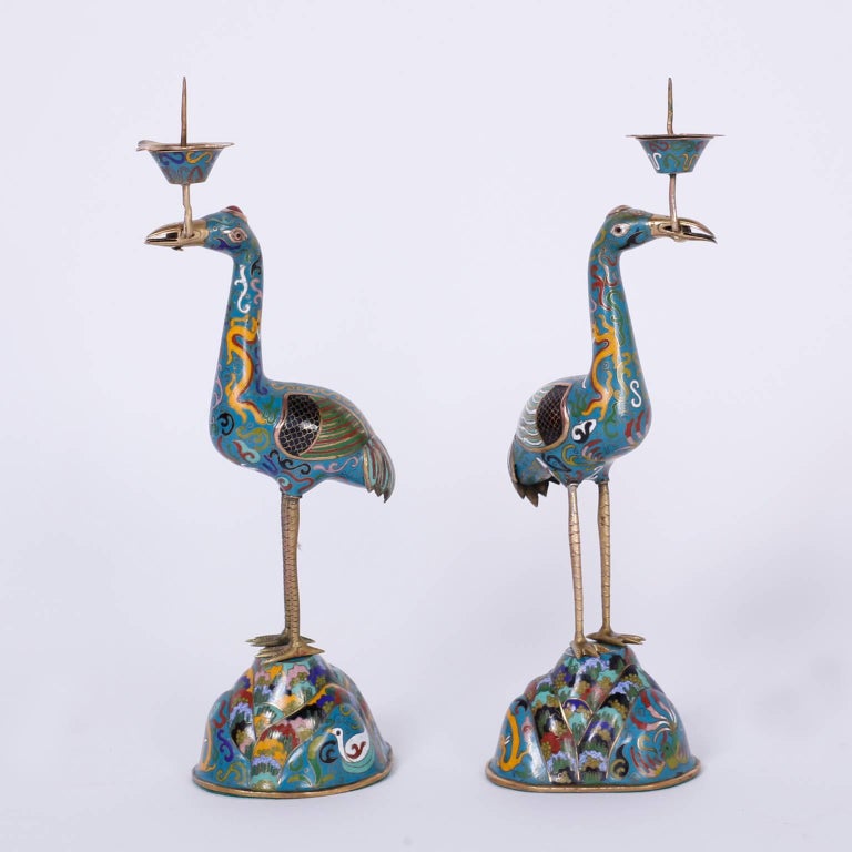 Pair of Cloisonné Bird Candlesticks at 1stDibs