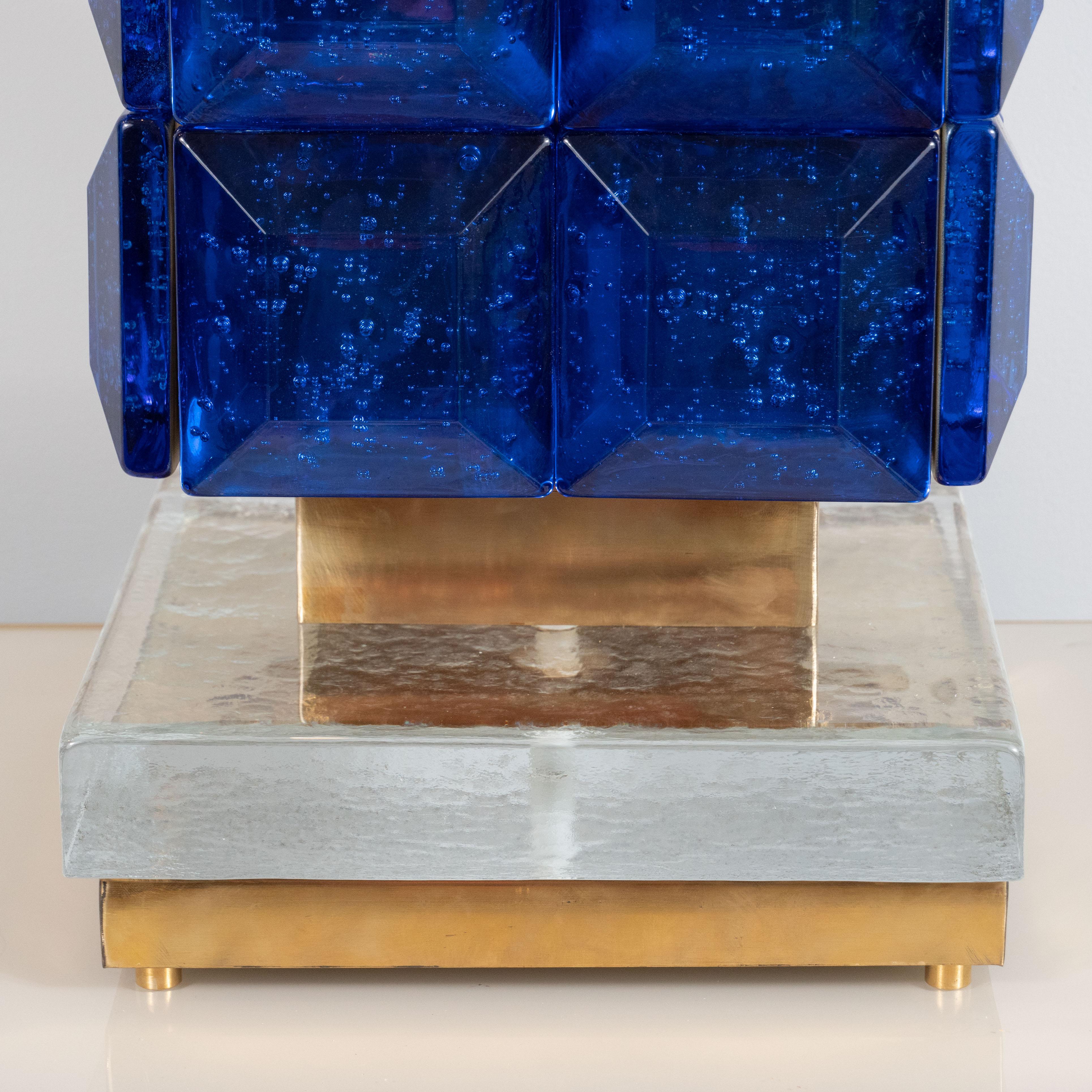 Pair of Cobalt Blue Murano Glass and Brass Geometric Square Lamps ...