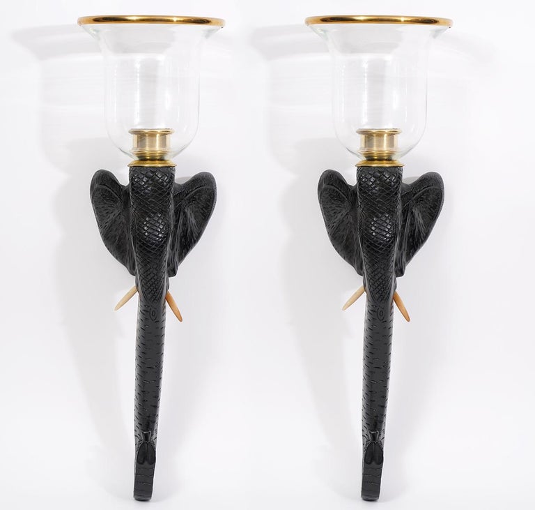 Pair of Colonial Style Elephant Carved and Ebonized Hurrycane Sconces ...
