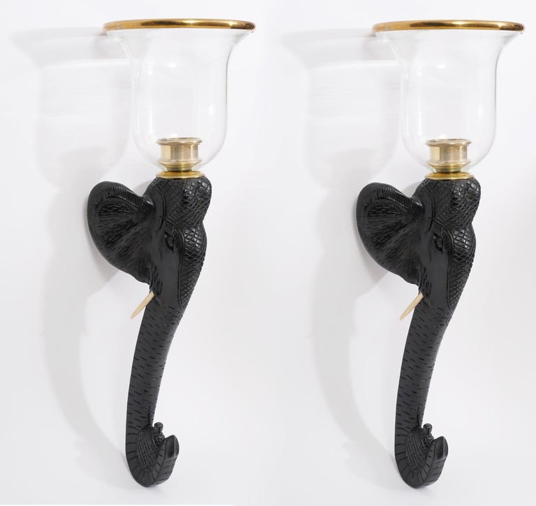 Pair of Colonial Style Elephant Carved and Ebonized Hurrycane Sconces ...