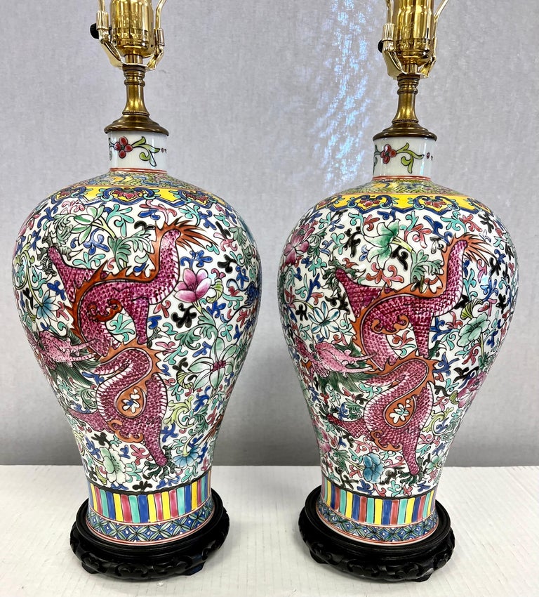 Pair of Colorful Chinese Hand Painted Porcelain Dragon Lamps For Sale ...