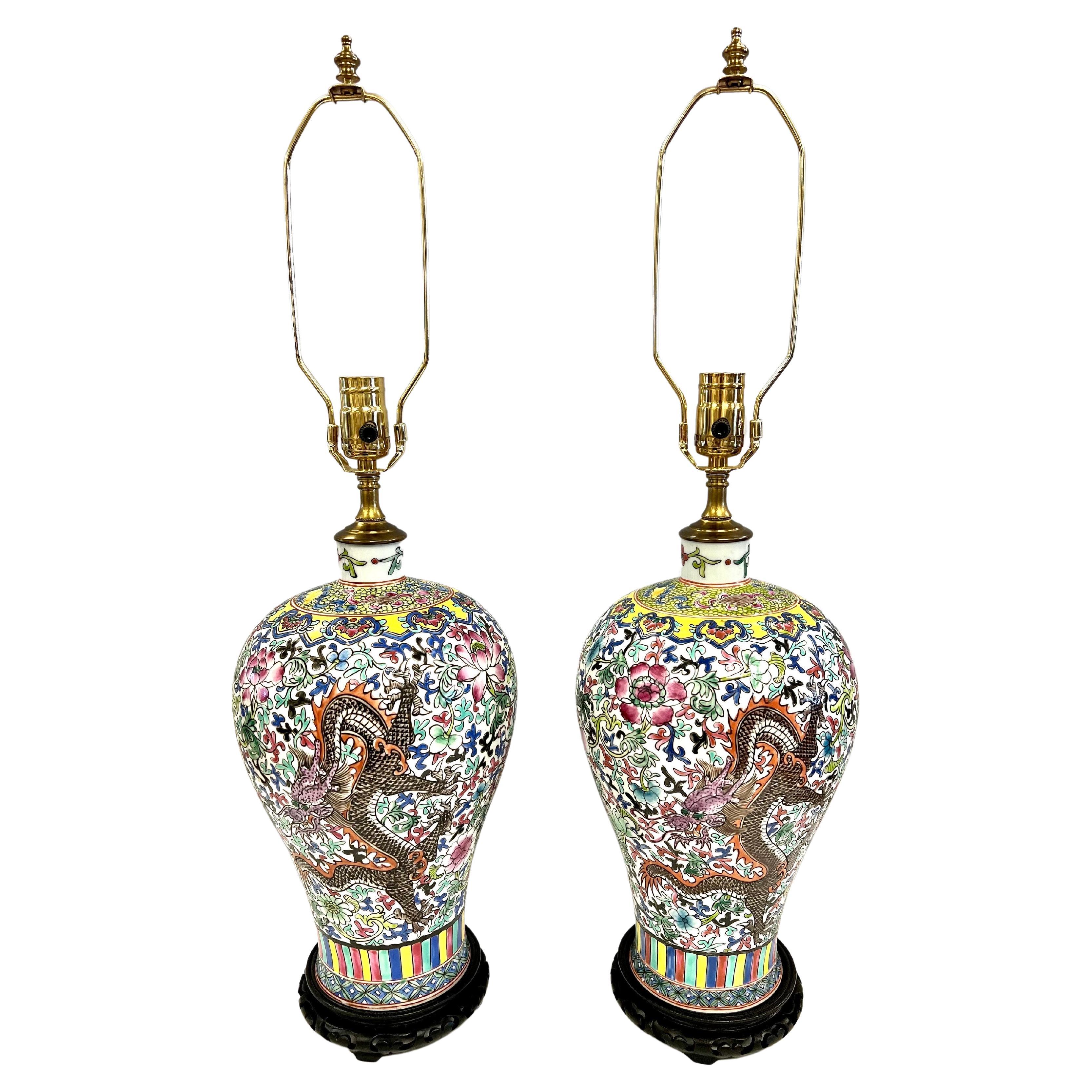 Pair of Japanese Hand Painted Lamps For Sale at 1stDibs