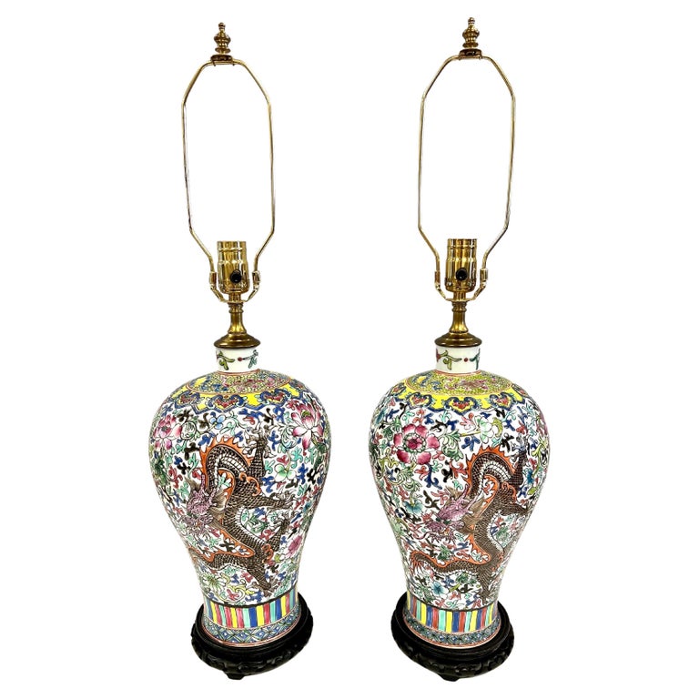 Pair of Colorful Chinese Hand Painted Porcelain Dragon Lamps For Sale ...