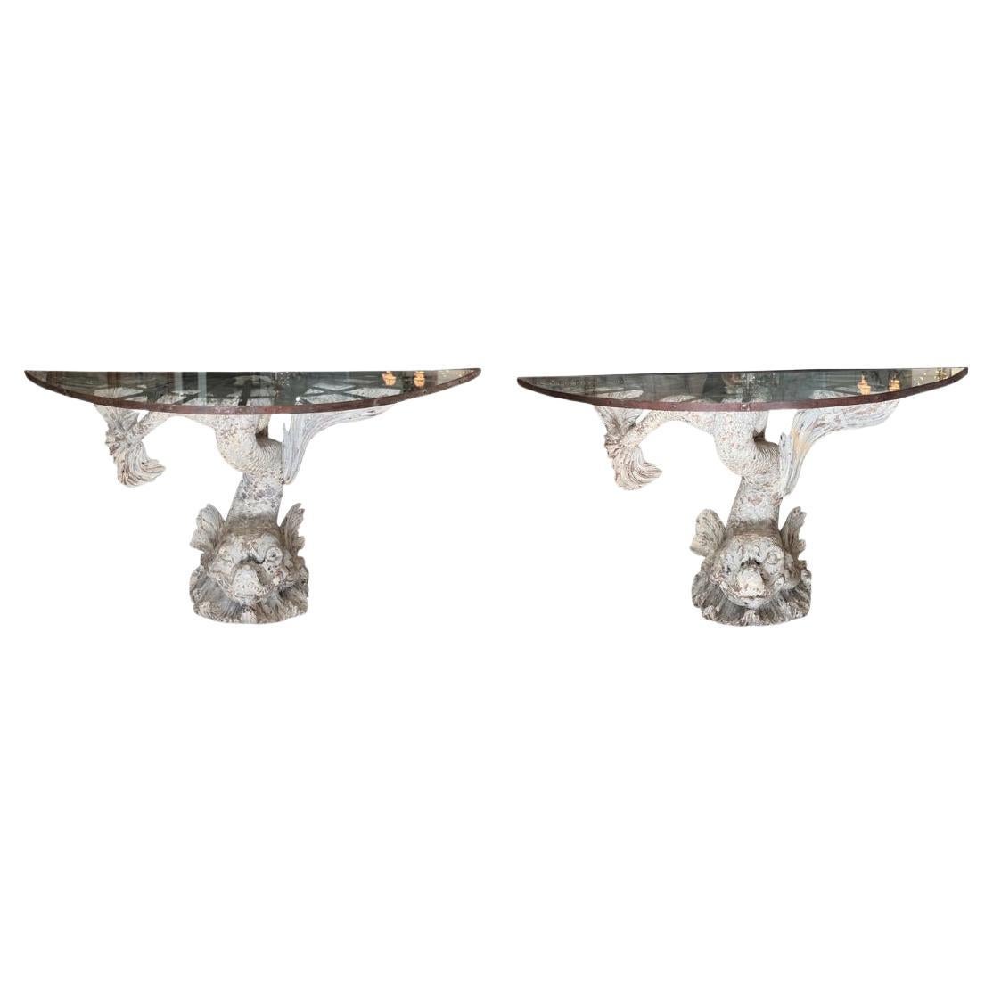Pair of Console Tables with Carved Fish Pedestals For Sale at 1stDibs