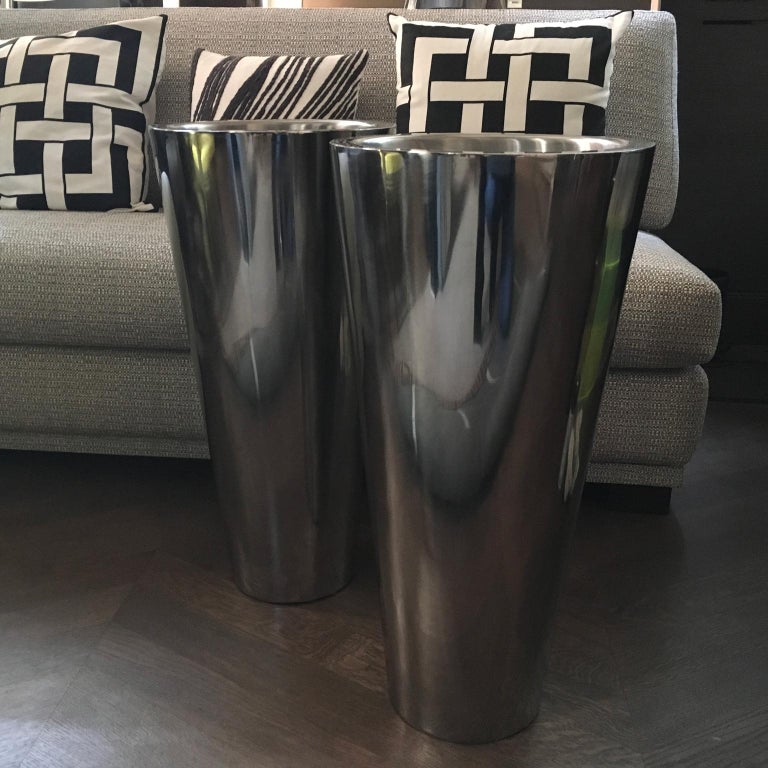 Italy Pair of Contemporary Design Metal Chrome Cylinder Vases Flowers ...