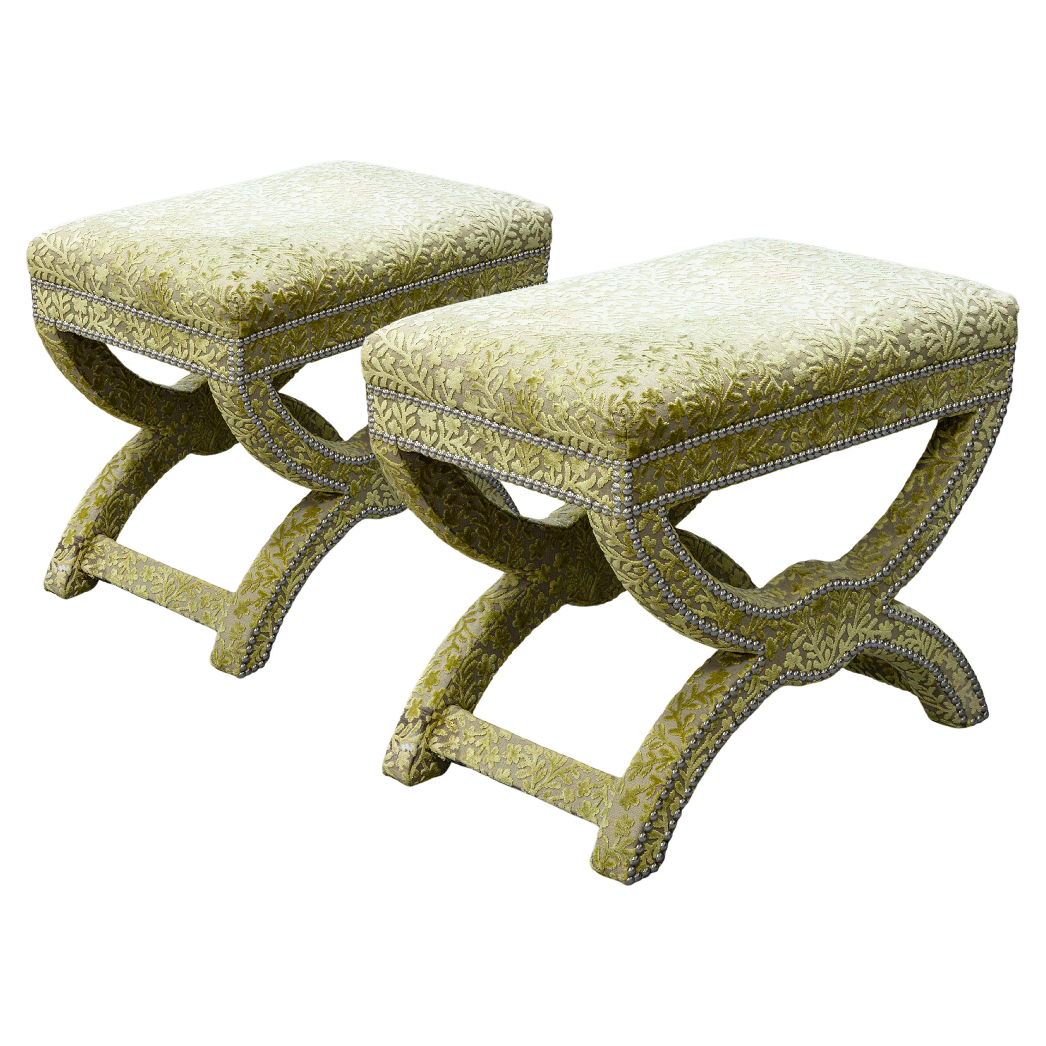 Pair of Contemporary Modern Nickel Studded X Base Green Floral Ottoman Stools For Sale at 1stDibs