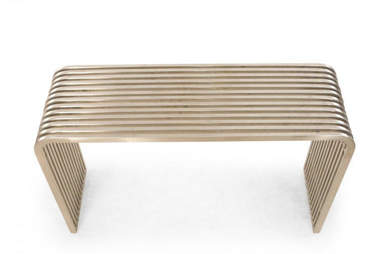 Pair of Contemporary Silver Metal Curved Metal Slat Console Tables For ...