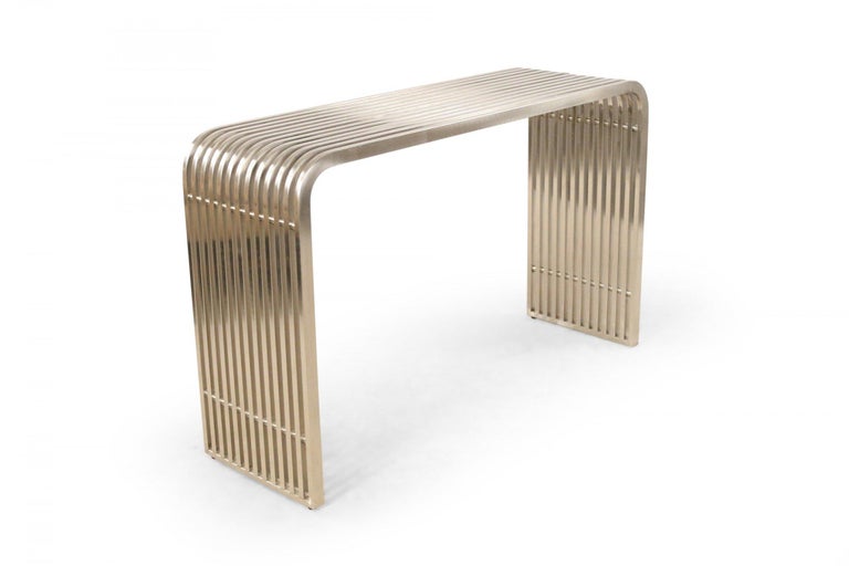 Pair of Contemporary Silver Metal Curved Metal Slat Console Tables For ...
