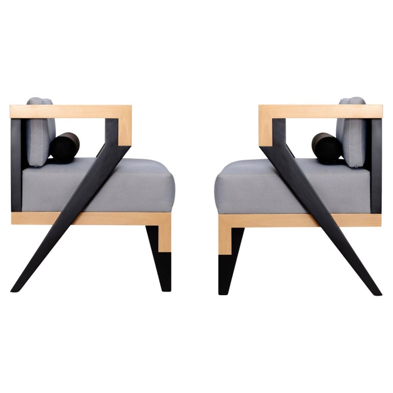 Pair of Contemporary Solid Wood Lounge Chairs Upholstered in Textile ...