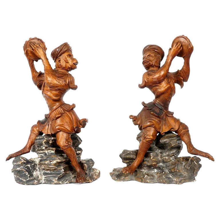 Pair of Continental Carved Wood Monkeys with Tambourine For Sale at 1stDibs