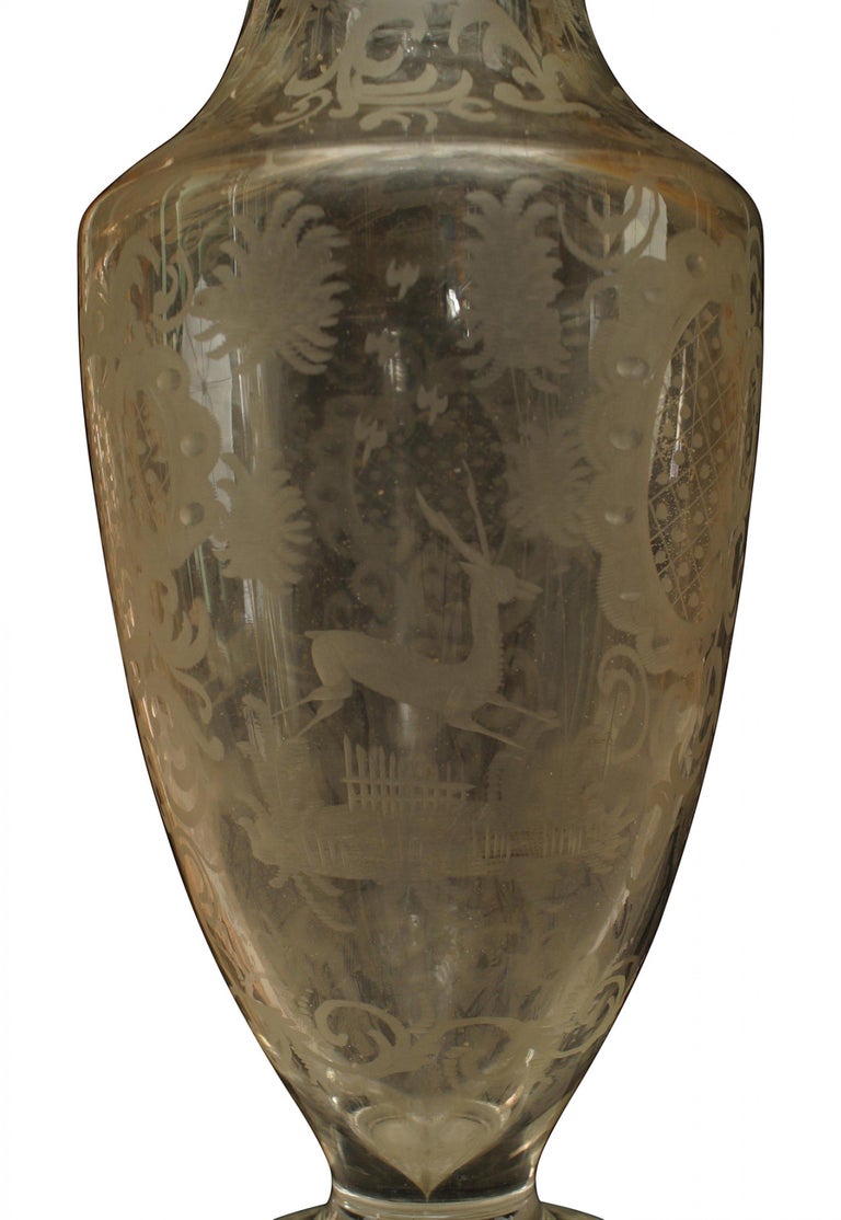 Pair of Continental German Etched Crystal Vases For Sale at 1stDibs