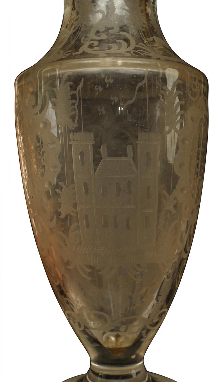 Pair of Continental German Etched Crystal Vases For Sale at 1stDibs