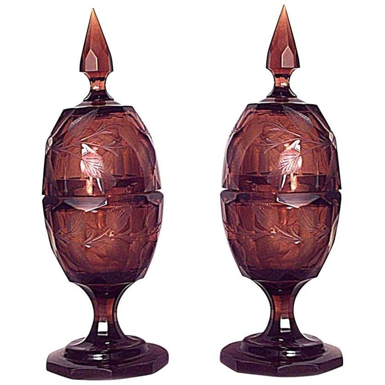 German Style Amber Cut Glass Urn With Finial Cover For Sale at 1stDibs