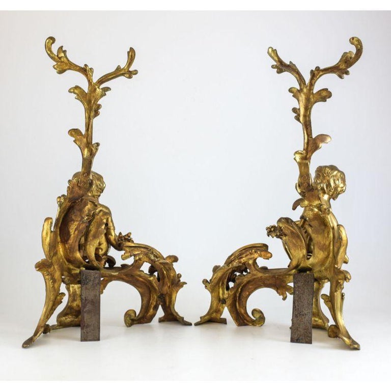 Pair of Continental Gilt Bronze Chenet Putti / Cherubs, Foliate Accents ...