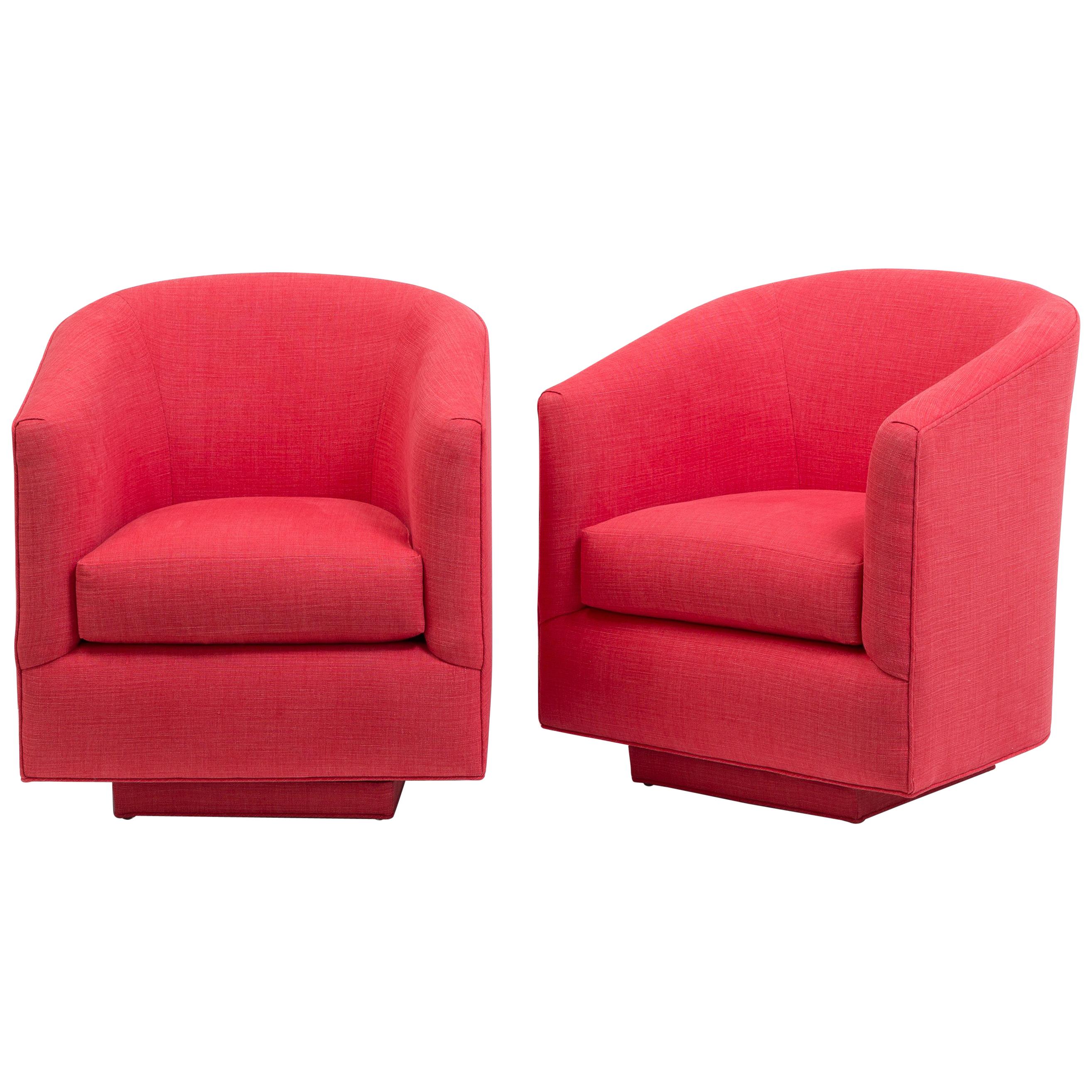 Pair of Coral Linen Upholstered Swivel Tub Chairs For Sale at 1stDibs