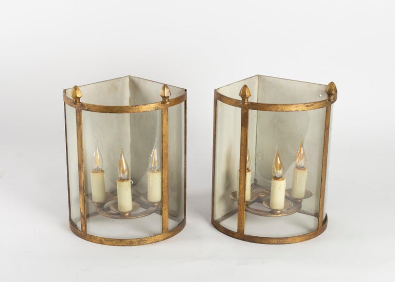 Pair of Corner Lanterns, 3 Golden Iron Lights from 1950, Curved Glass ...