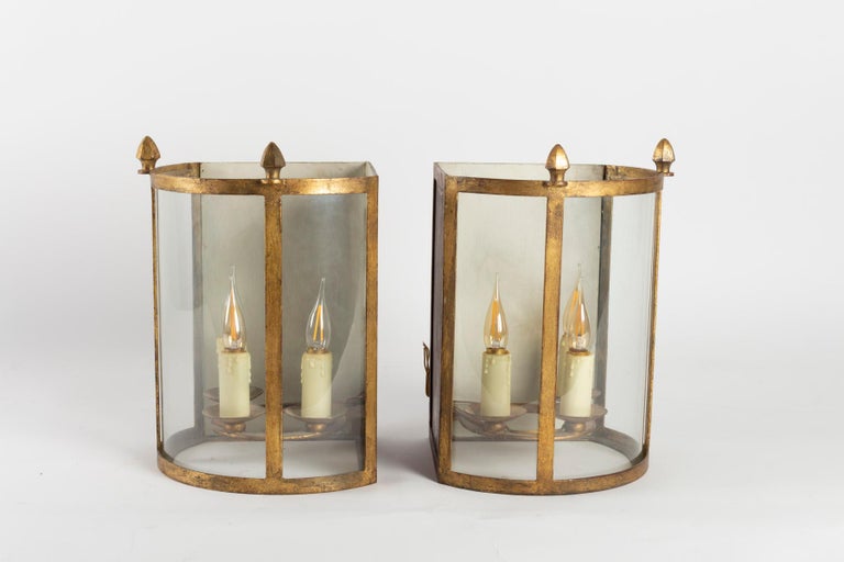 Pair of Corner Lanterns, 3 Golden Iron Lights from 1950, Curved Glass ...