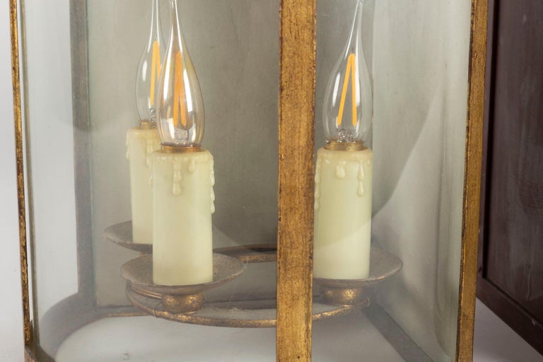Pair of Corner Lanterns, 3 Golden Iron Lights from 1950, Curved Glass ...