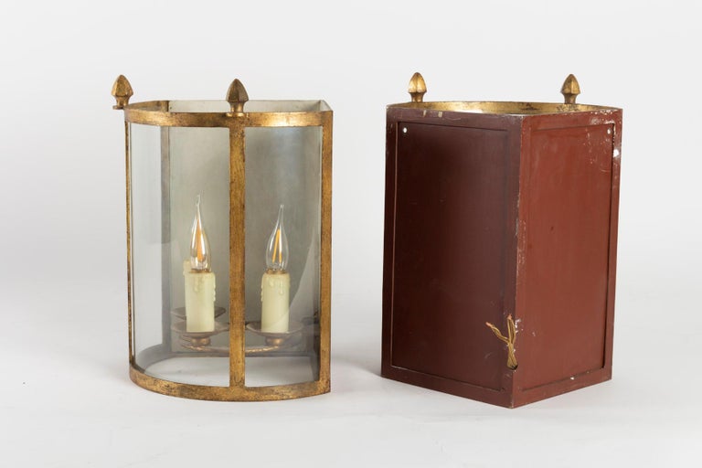 Pair of Corner Lanterns, 3 Golden Iron Lights from 1950, Curved Glass ...