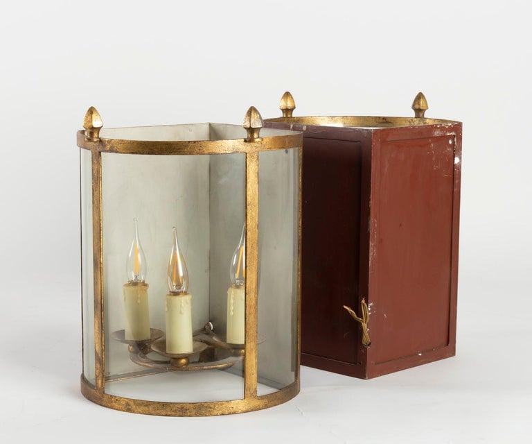 Pair of Corner Lanterns, 3 Golden Iron Lights from 1950, Curved Glass ...