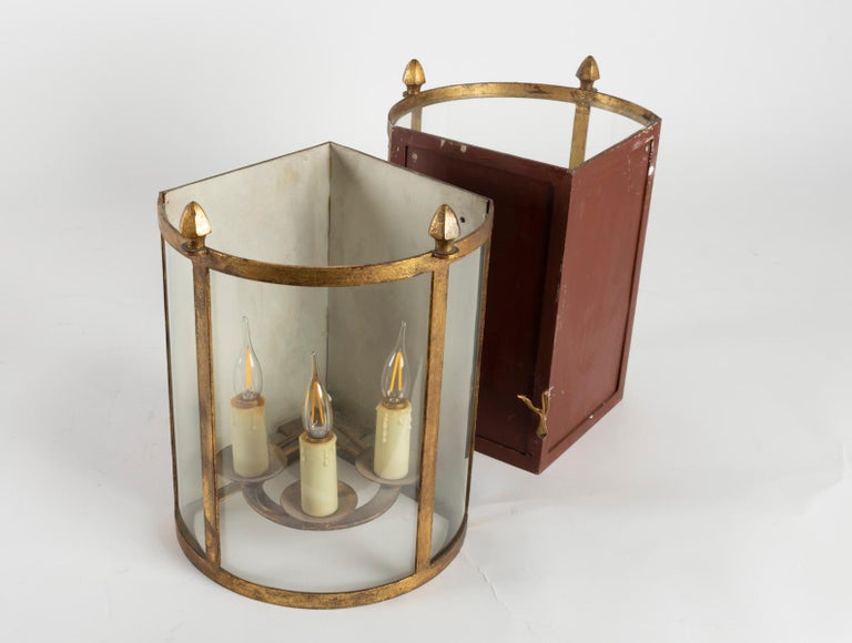 Pair of Corner Lanterns, 3 Golden Iron Lights from 1950, Curved Glass ...