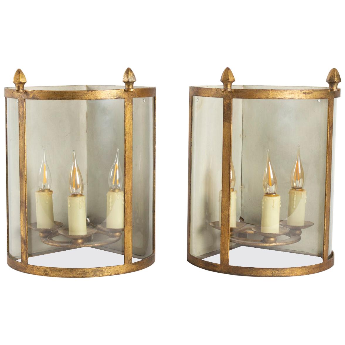 Pair of Corner Lanterns, 3 Golden Iron Lights from 1950, Curved Glass ...