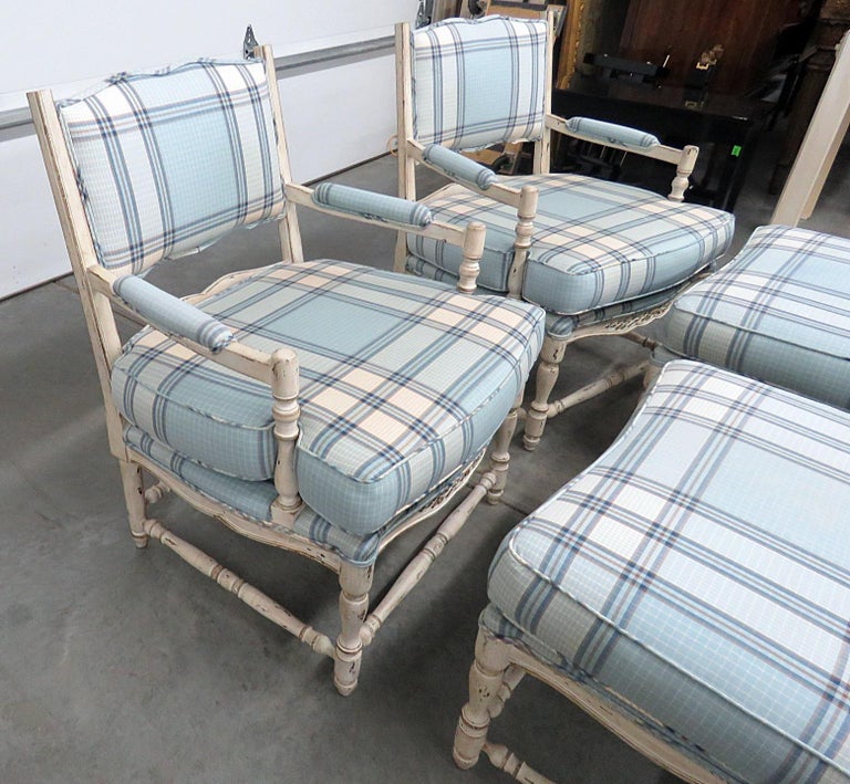Pair of Country French Style Armchairs and Ottomans For Sale at 1stDibs