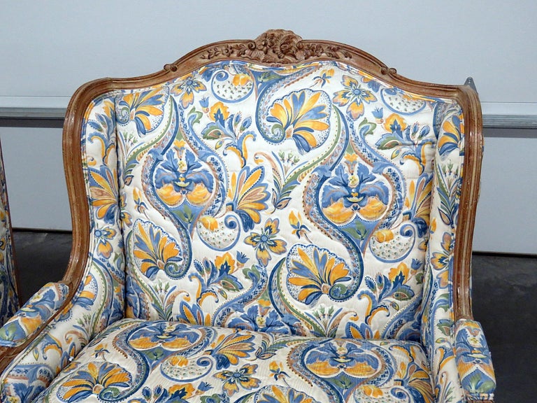 Pair of Country French Style Wingback Chairs and Ottomans For Sale at ...
