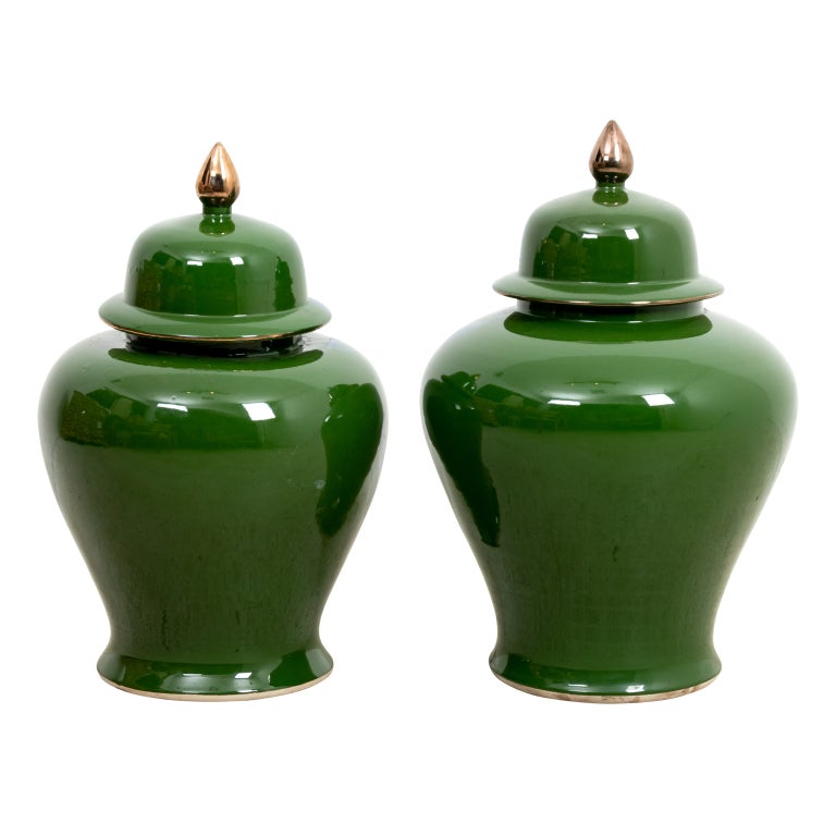 Pair of Covered Green Painted Temple Jars with Lids For Sale at 1stDibs