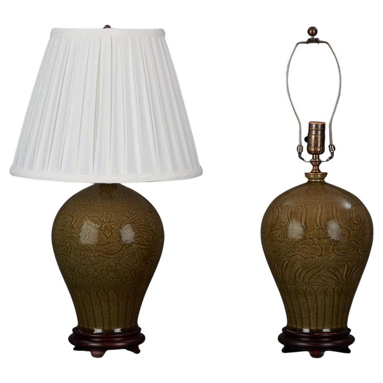 Pair Crackle Celadon Green Table Lamps w/ Foliate Motif 20th Century ...