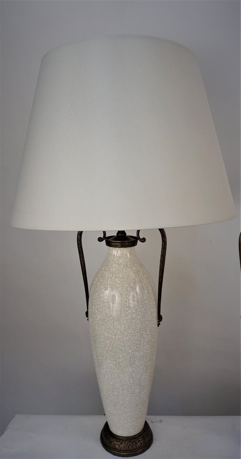 Pair of Crackle White Ceramic and Bronze Table Lamps For Sale at 1stDibs