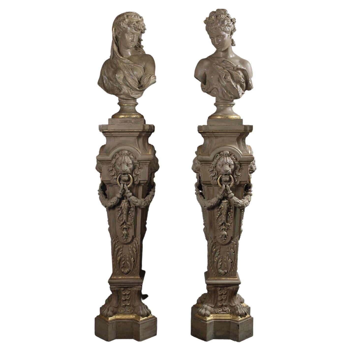 Pair of Cream-Painted and Gilt-Decorated Cast Iron Busts and Pedestals ...