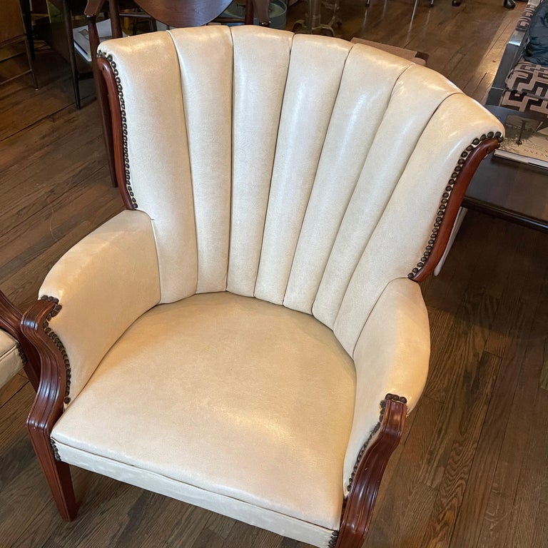 Pair of Cream Vinyl Mahogany Wingback Armchairs at 1stDibs