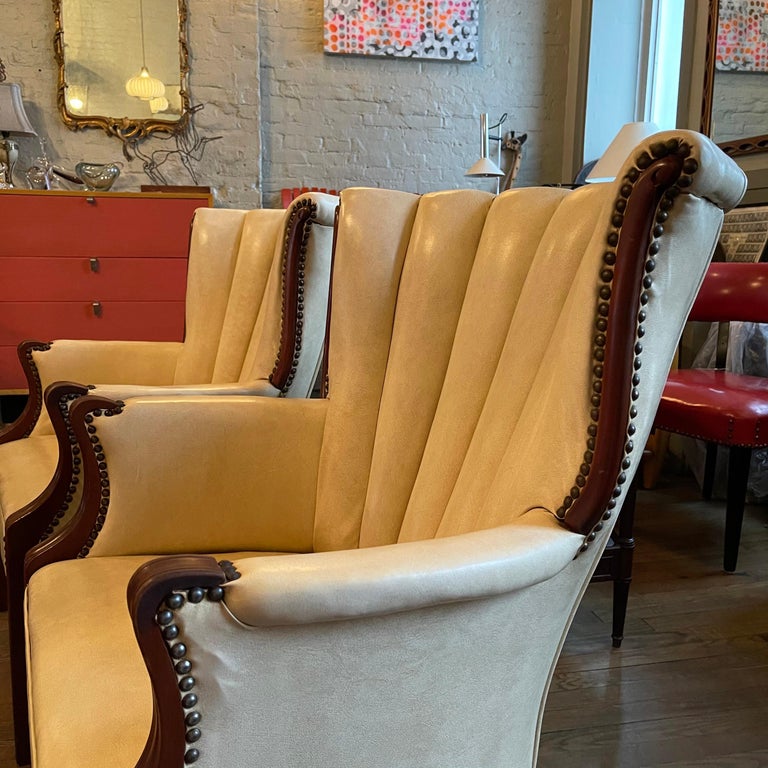 Pair of Cream Vinyl Mahogany Wingback Armchairs at 1stDibs