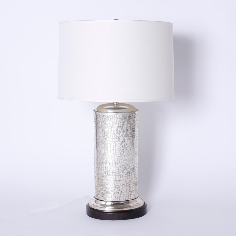 Pair of Crocodile Embossed Silver Table Lamps For Sale at 1stDibs