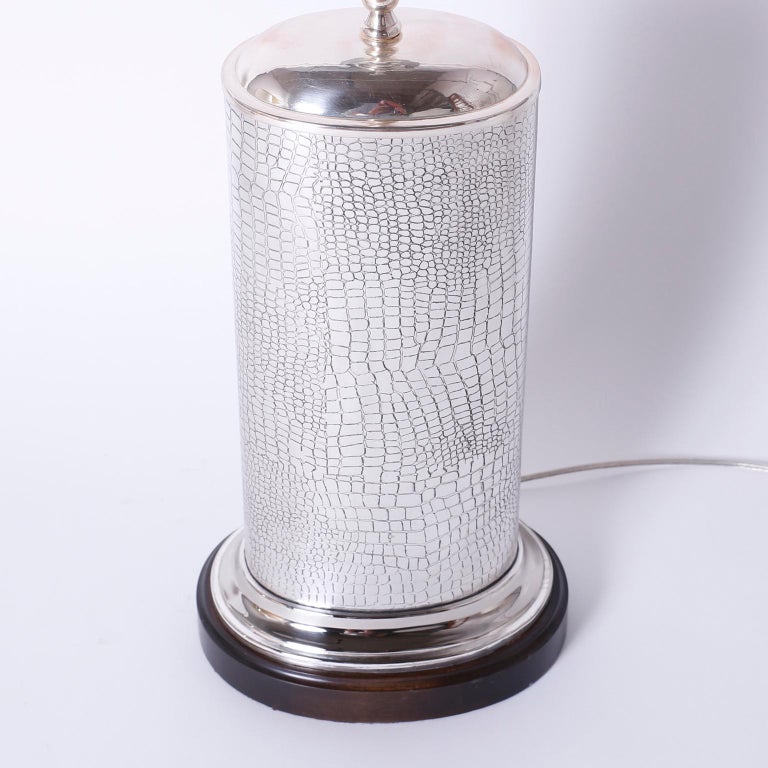 Pair of Crocodile Embossed Silver Table Lamps For Sale at 1stDibs