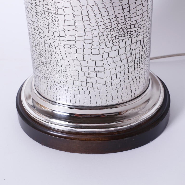 Pair of Crocodile Embossed Silver Table Lamps For Sale at 1stDibs