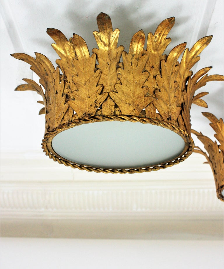 Pair of Crown Foliage Ceiling Light Fixtures in Gilt Iron and Frosted ...