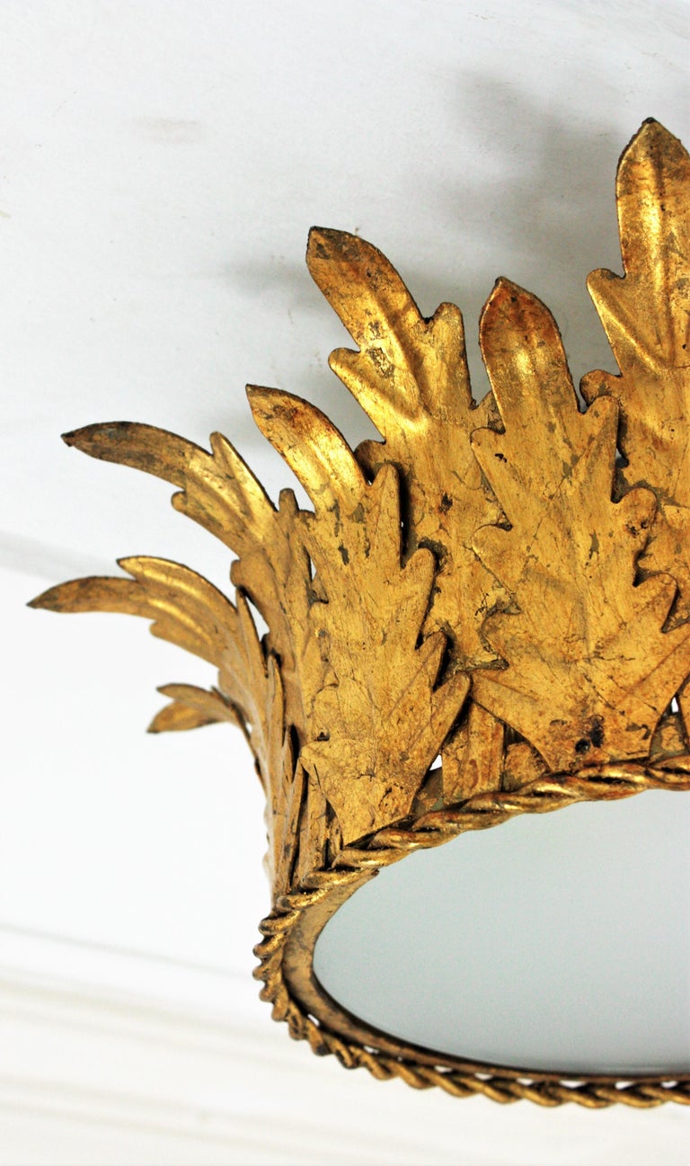 Pair of Crown Foliage Ceiling Light Fixtures in Gilt Iron and Frosted ...