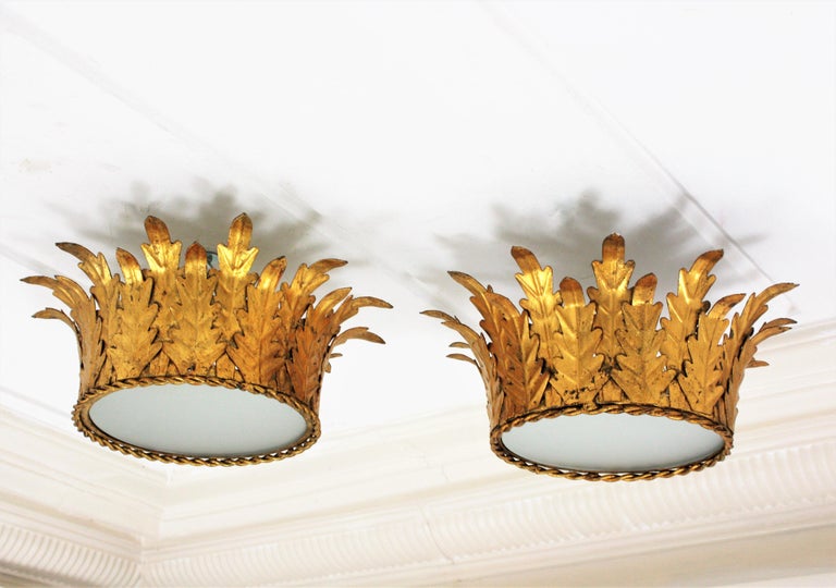 Pair of Crown Foliage Ceiling Light Fixtures in Gilt Iron and Frosted ...