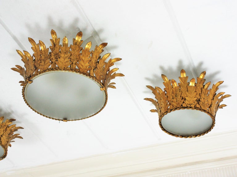 Pair of Crown Foliage Ceiling Light Fixtures in Gilt Iron and Frosted ...