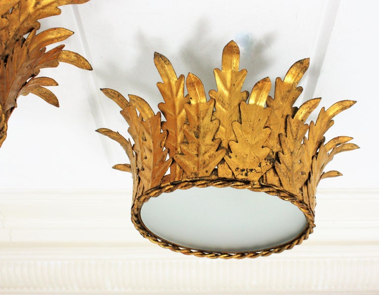 Pair of Crown Foliage Ceiling Light Fixtures in Gilt Iron and Frosted ...