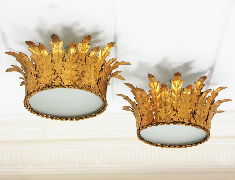 Pair of Crown Foliage Ceiling Light Fixtures in Gilt Iron and Frosted ...