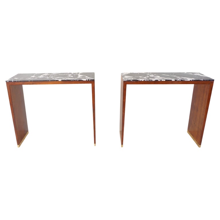 Pair of C&U Lorenzo Ciompi Wood, Brass and Marble Console Tables, Italy ...