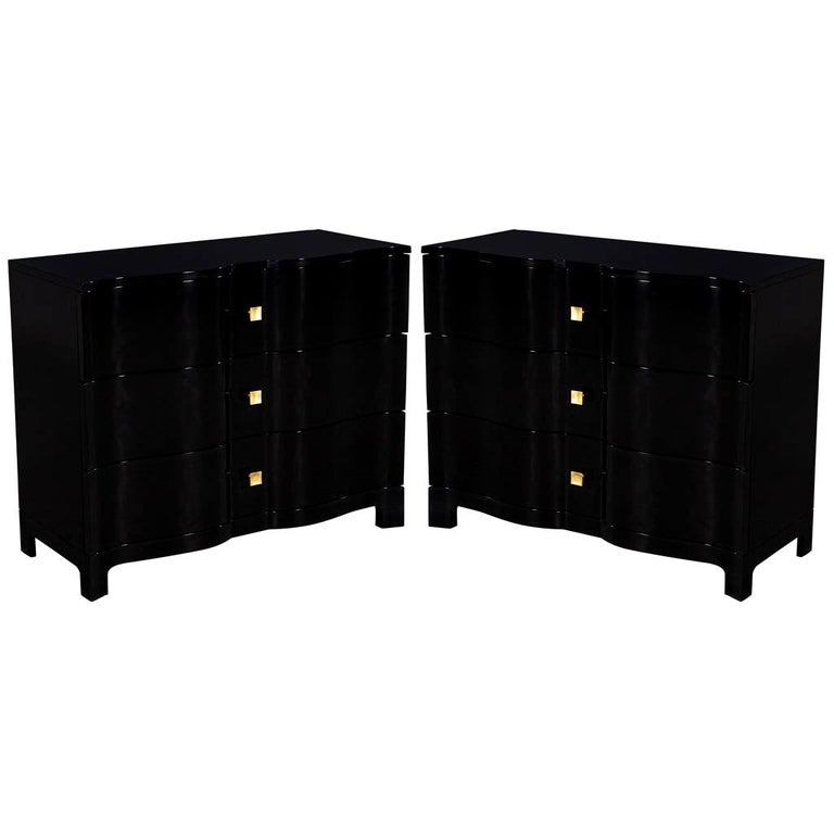 Pair of Curved Front Black Lacquered Chests Night Tables at 1stDibs